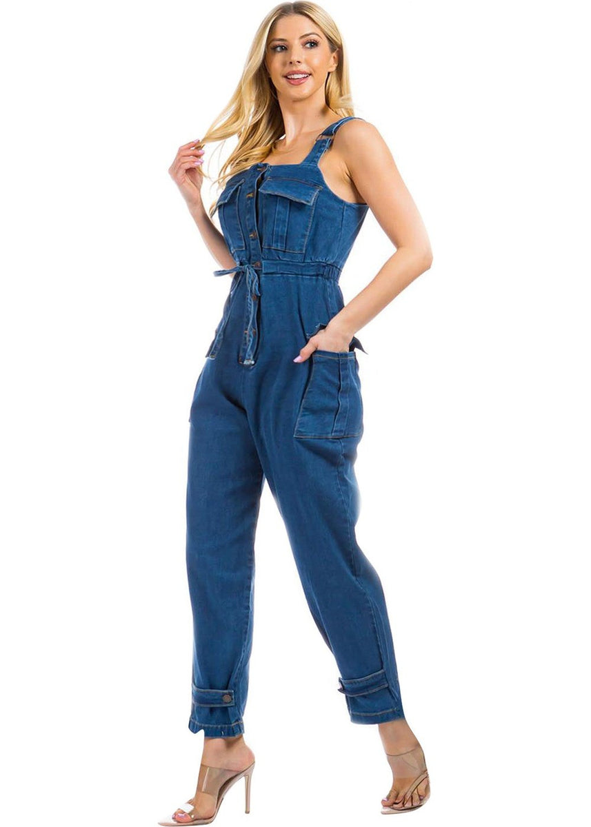 Women's Juniors Adjustable Straps Belted Sleeveless Denim Jumper ...